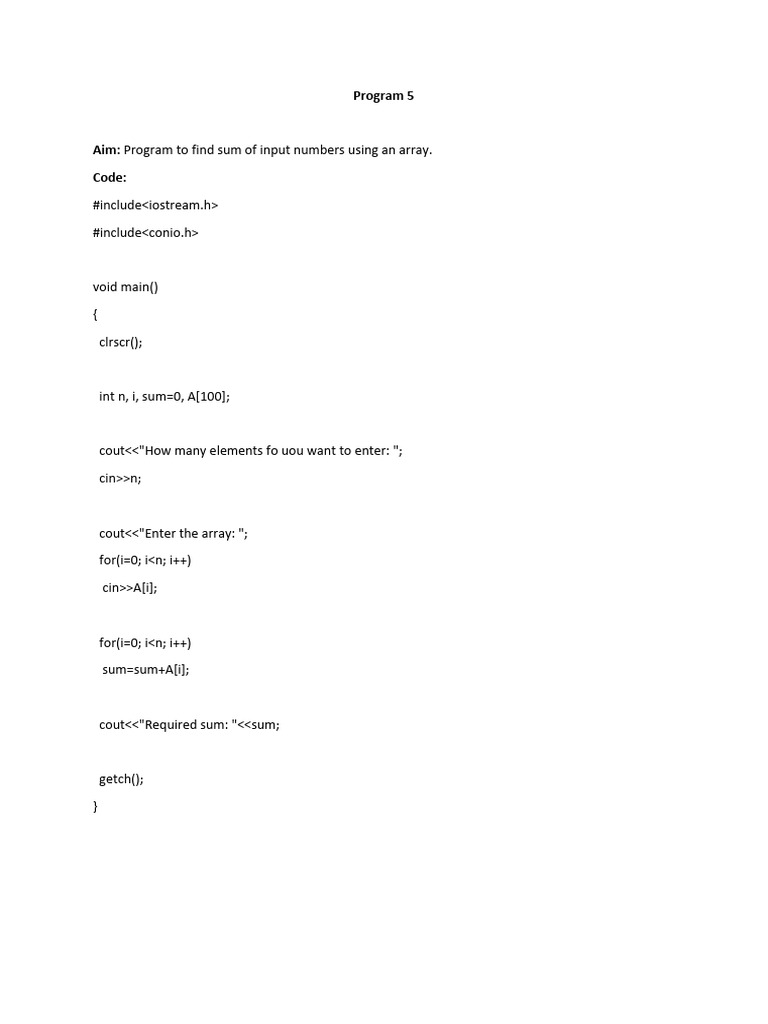 Program To Find Sum of Input Numbers Using Arrays | PDF