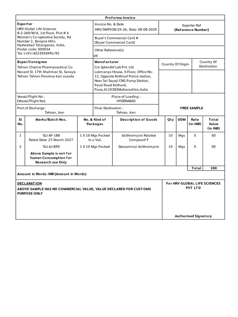 Proforma Invoice for Pharmaceutical Samples | PDF