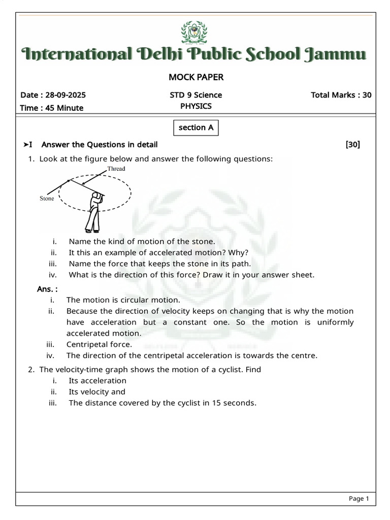 Mock Paper Practice Physics Ix - Solution | PDF | Acceleration | Force