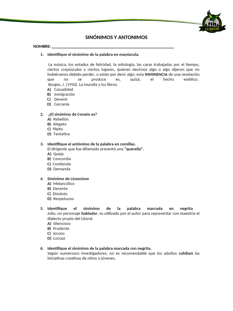 PRUEBA 1 AGOSTO (Sinonimos y Antonimos) | PDF | Comunicación humana ...