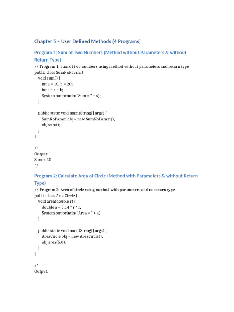 Chapter5 User Defined Methods 4 Programs | PDF