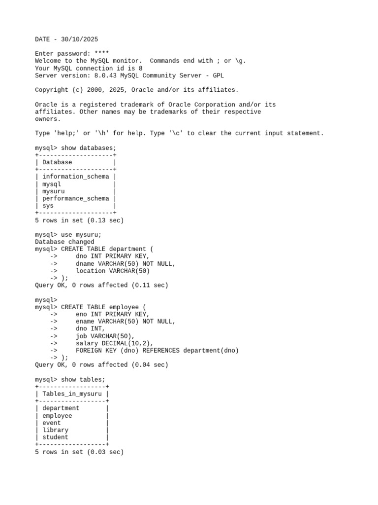 SQL Execution 30102025 | PDF | My Sql | Databases