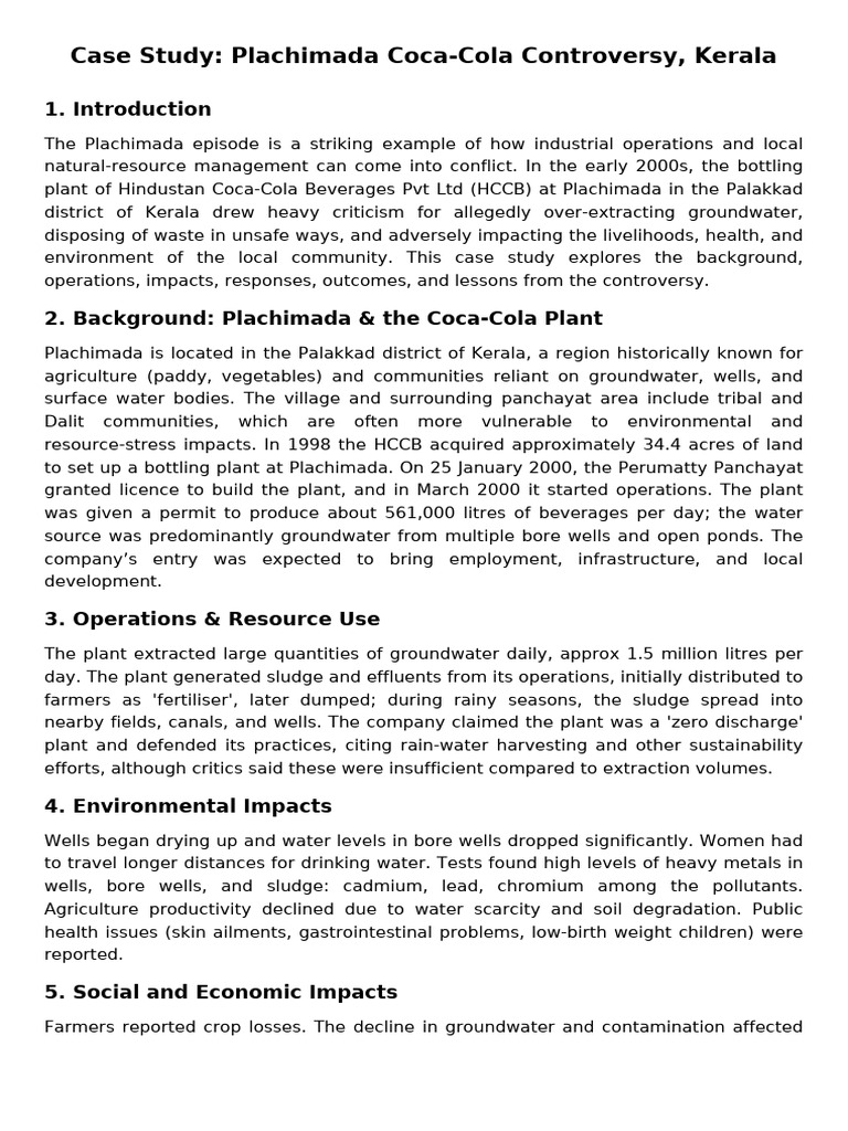 Plachimada Coca-Cola Controversy Analysis | PDF | Natural Environment ...