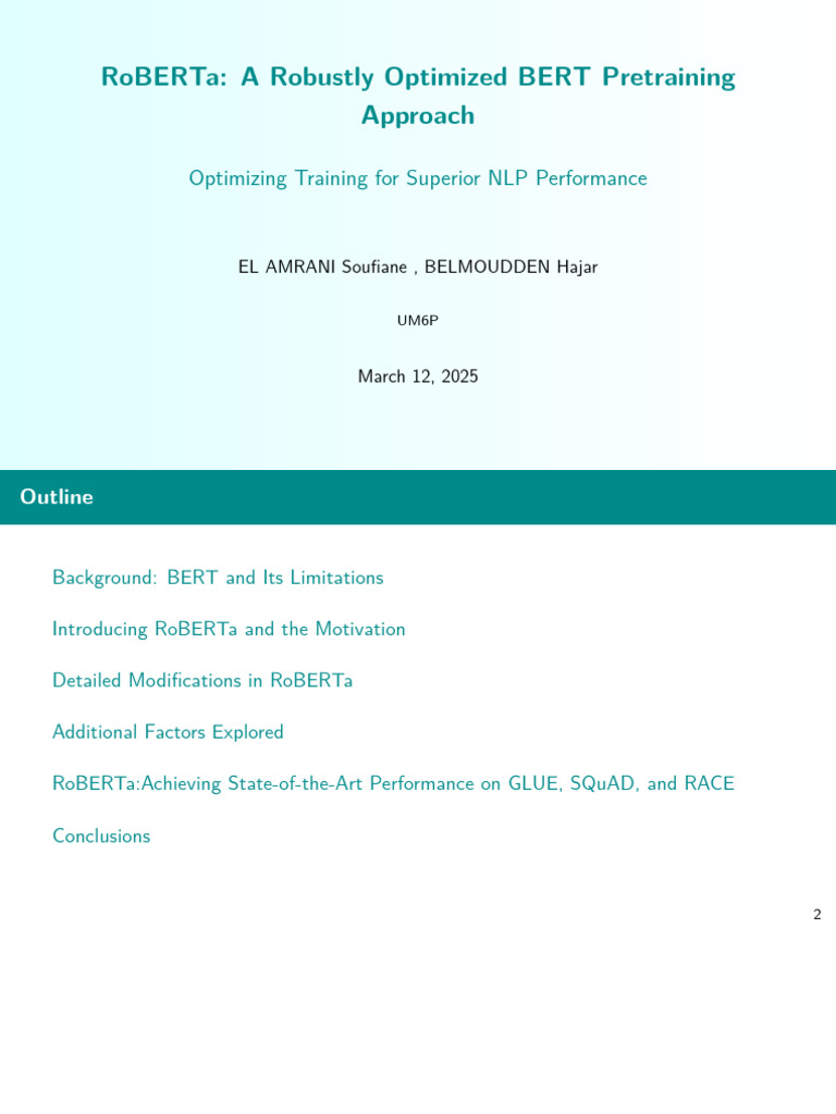 RoBERTa: Optimized BERT Pretraining | PDF | Machine Learning | Learning