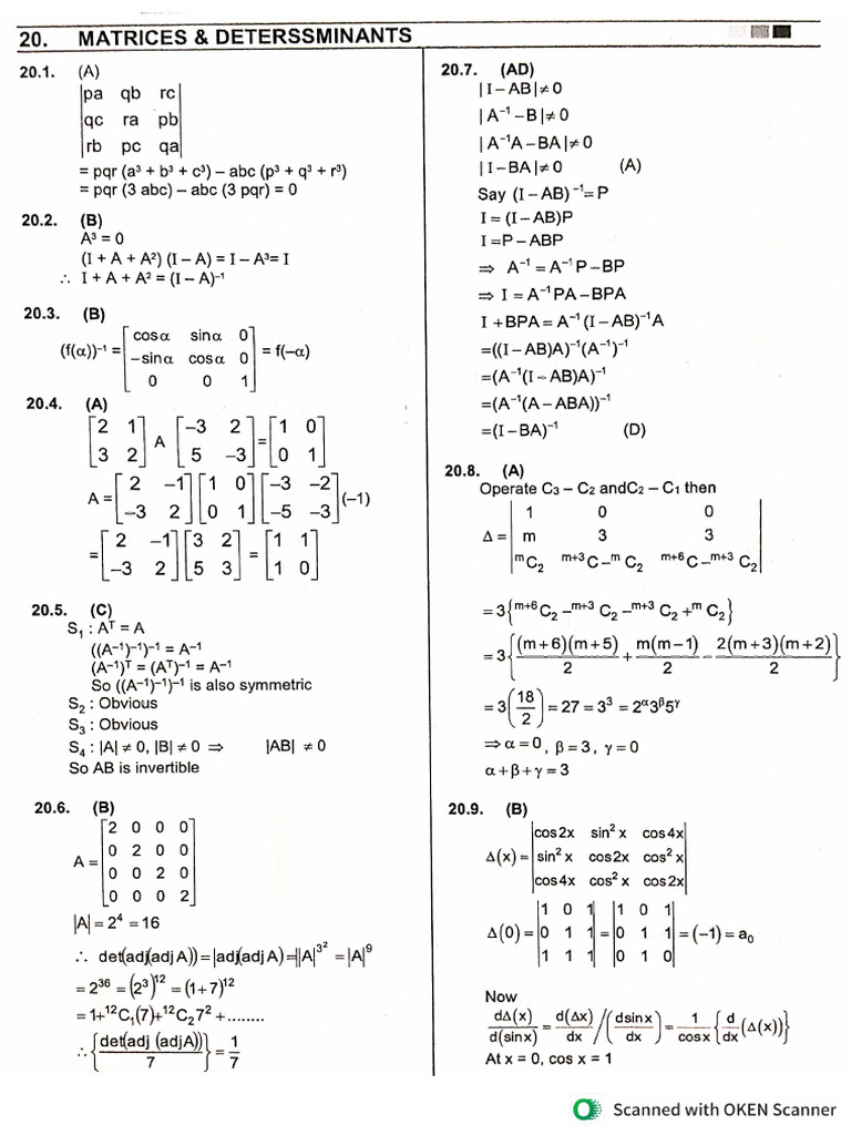 Matrices and Determinant Answerkey | PDF