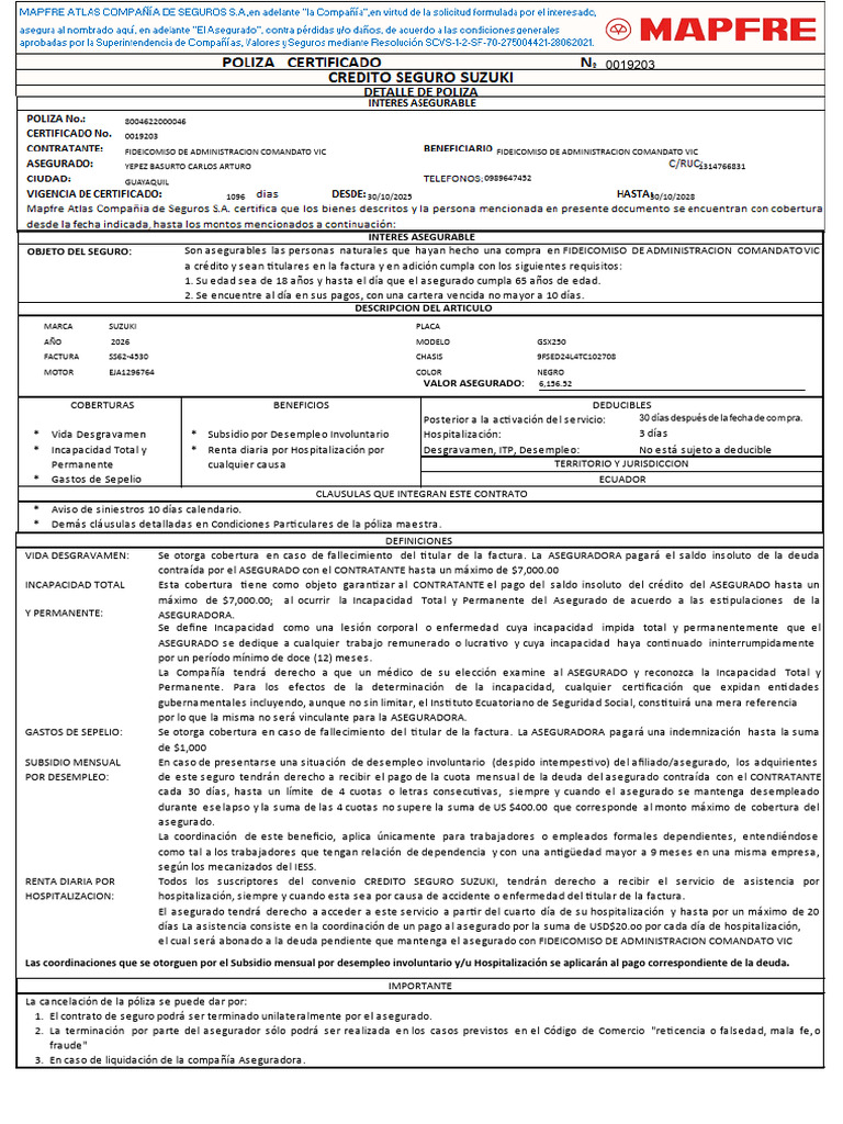 SEGUROMOTO - FDC - 1314766831 SS62 4530 Signed | PDF | Póliza de ...