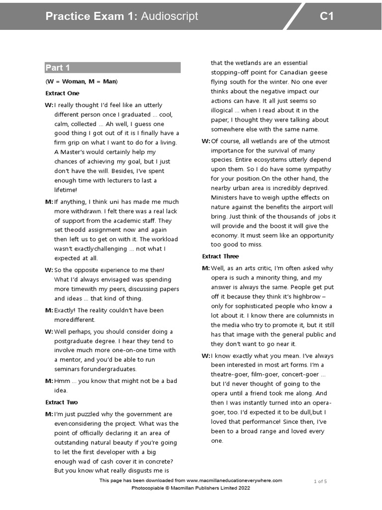 Practice Exam 1: Audioscript C1 | PDF