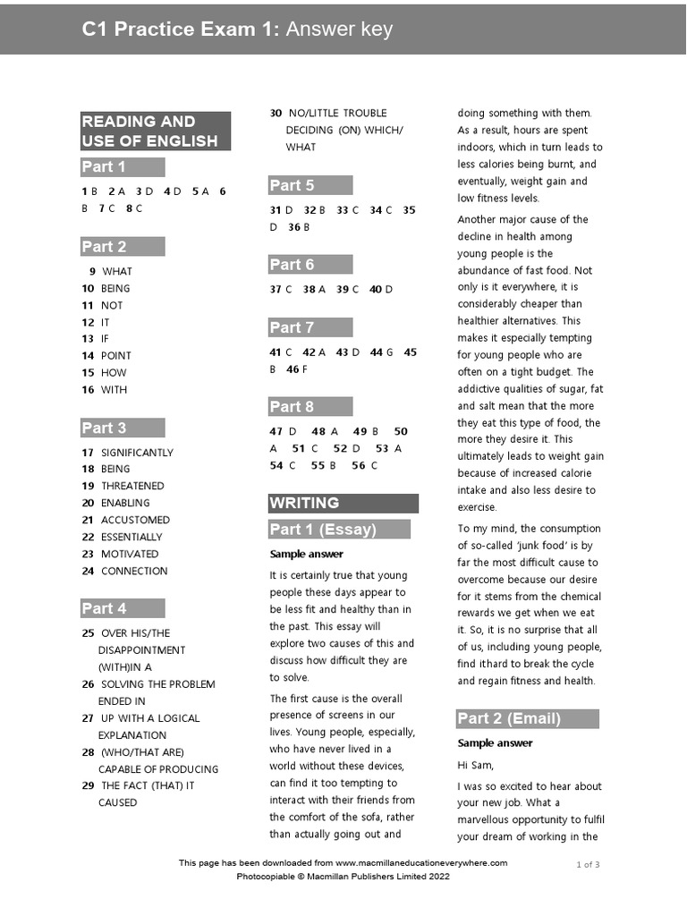 C1 Practice Exam 1 Answer Key | PDF | Restaurants