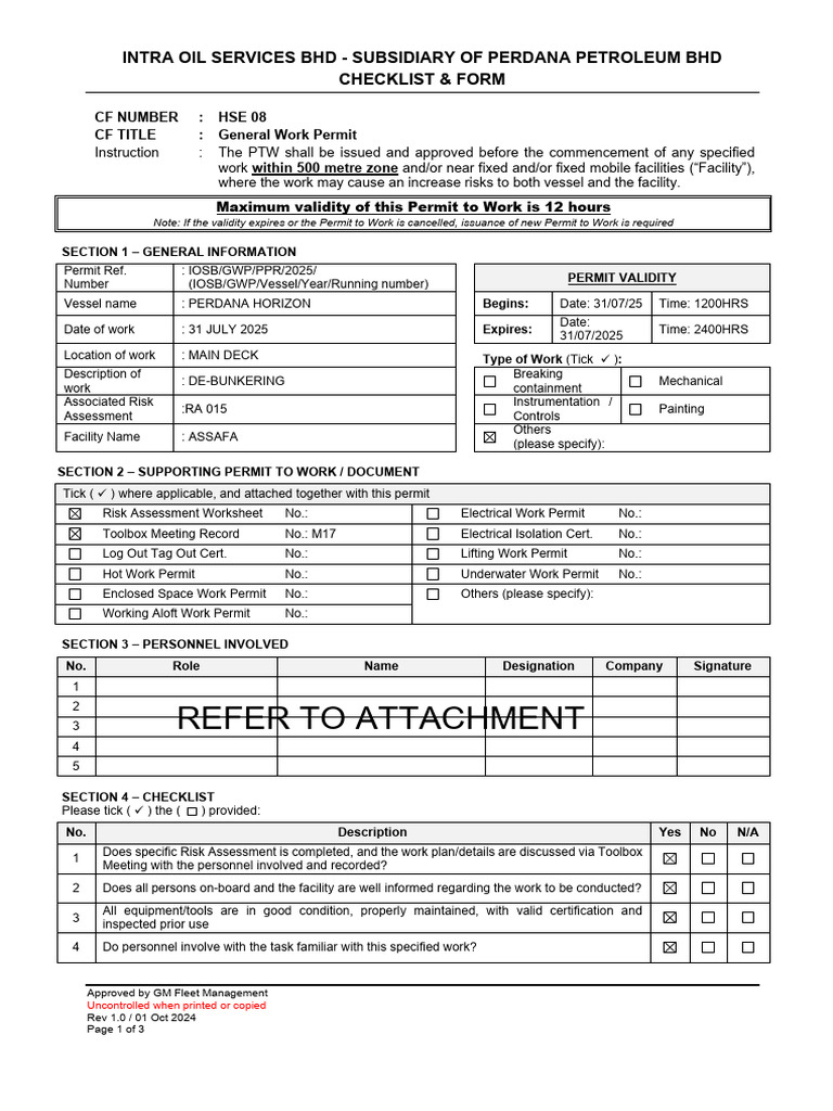 General Work Permit Checklist Form | PDF | Occupational Safety And ...