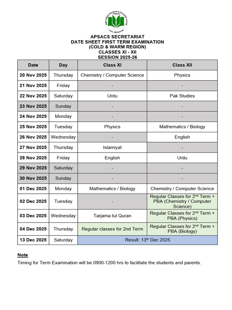 Datesheet Xi Xii First Term Pdf