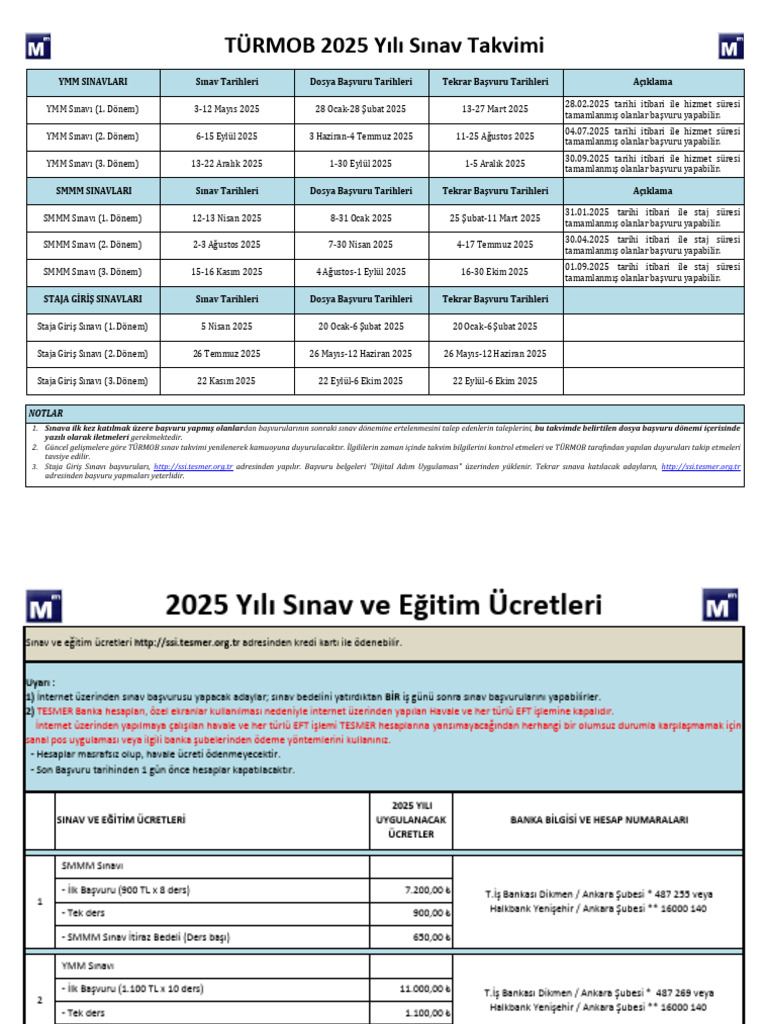 TESMER 2025 Sinav Takvimi Ve Ucretler | PDF