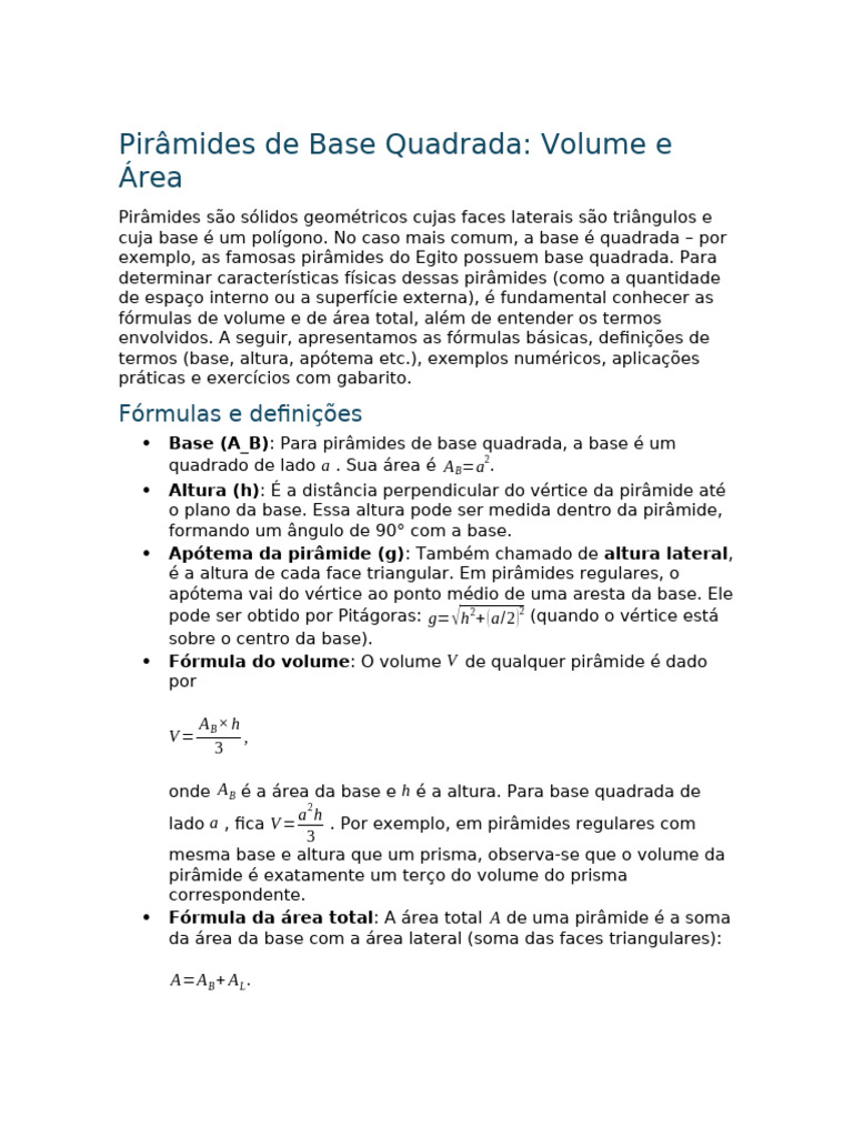 Volume e Área de Pirâmides Quadradas | PDF | Geometria Euclidiana ...