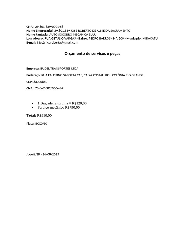 Orçamento - Mecanica Zulu - Budel | PDF