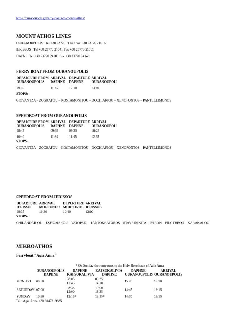 Mount Athos Ferry Boats Timetable | PDF | Passenger Ships | Water Transport