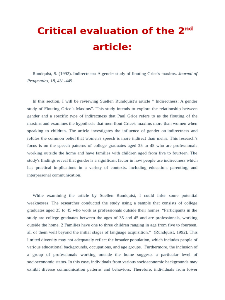 Critical Evaluation of The 2nd Article | PDF | Communication | Gender