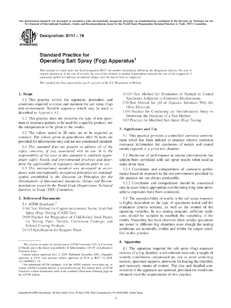 ASTM B117-19 Standard Practice For Operating Salt Spray (Fog) Apparatus ...