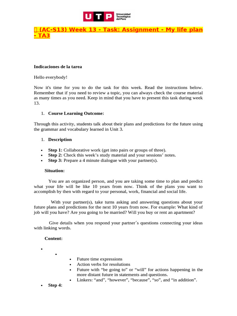 ? (AC-S13) Week 13 - Task Assignment - My Life Plan - TA3 - INGLES 4 ...