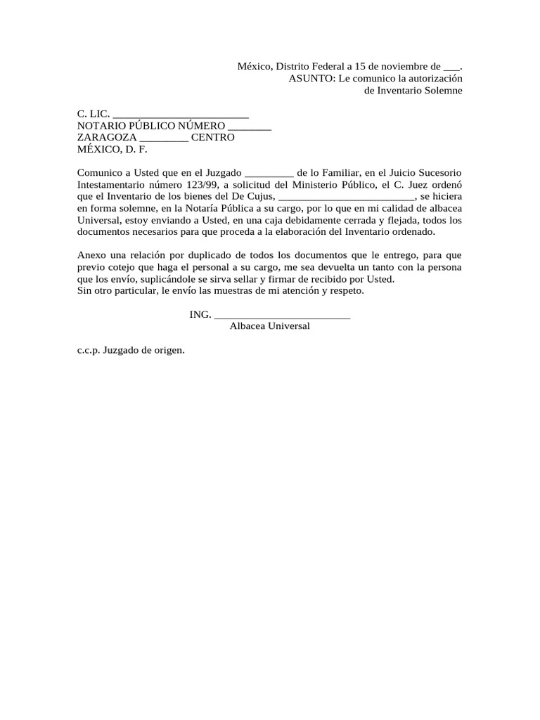 Escrito Con El Que El Albacea Entrega Al Notario P Blico Todos Los ...