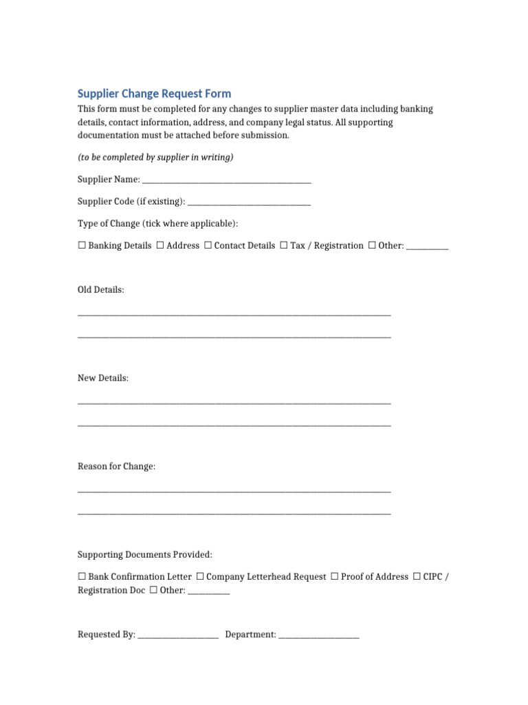 Supplier Change Request Form Template | PDF