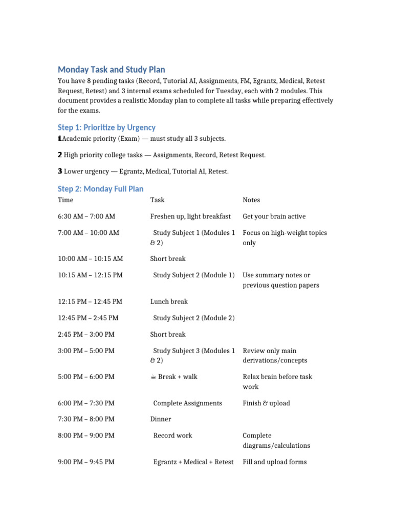 Monday Study and Task Management Plan | PDF