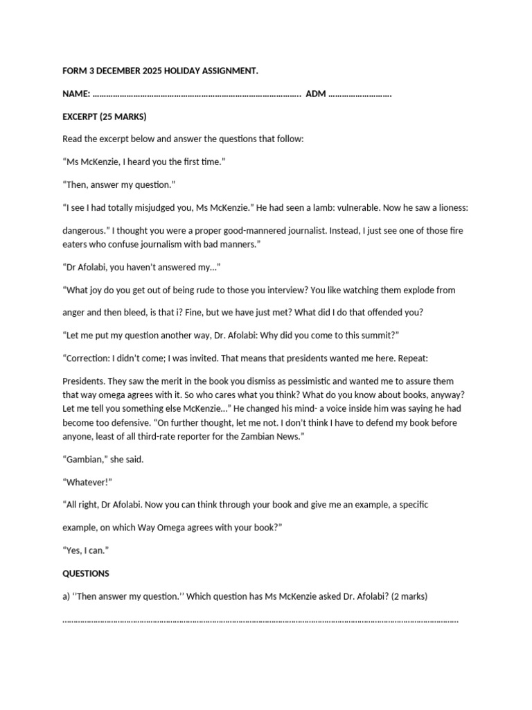 Form 3 English December 2025 Holiday Assignment | PDF
