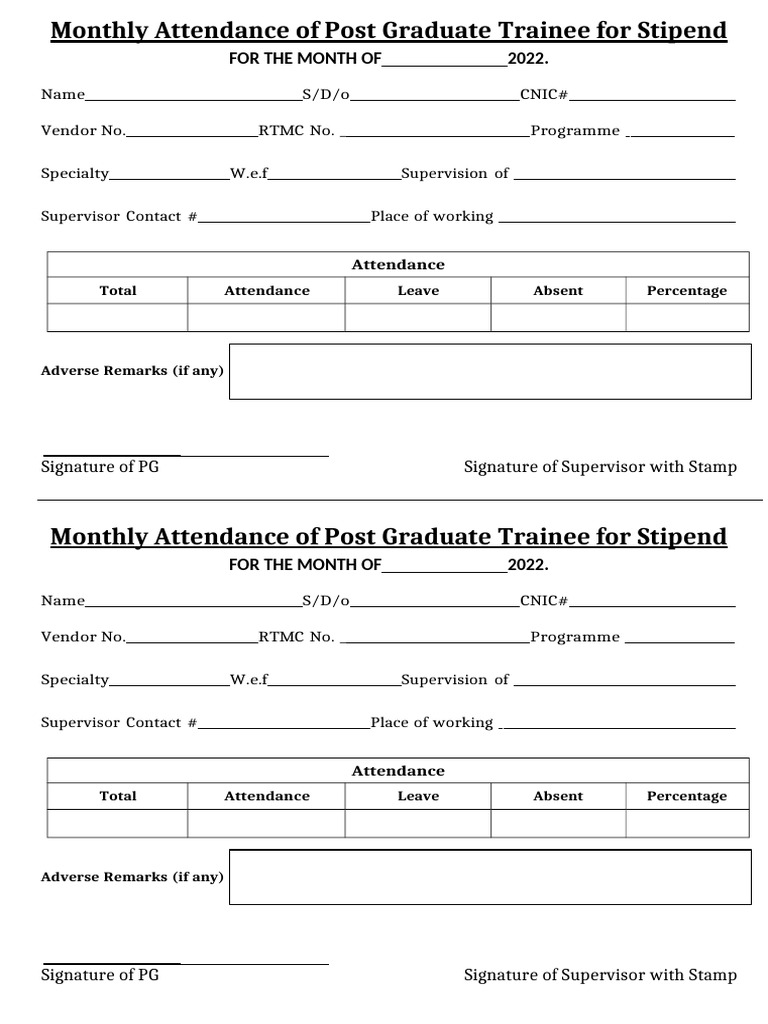 (2022) Monthly Attendance Sheet of Post Graduate Trainee For Stipend | PDF
