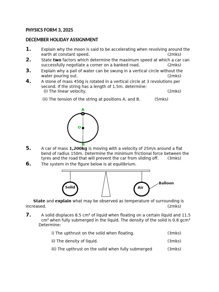 Physics Form 3 Holiday Assignment | PDF | Buoyancy | Density