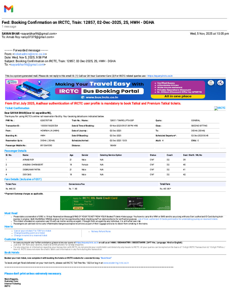 IRCTC Train Booking Confirmation Email | PDF | Service Industries