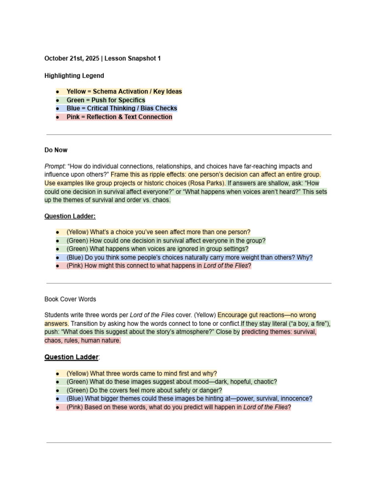 Lessons 1, 2, 3 ENG 1 - Q's Examplars and Q Ladders | PDF
