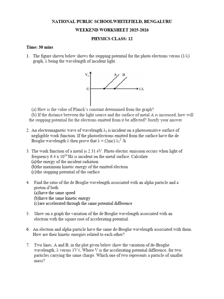 Physics Class 12 Weekend Worksheet 2025-26 | PDF | Wavelength | Electron