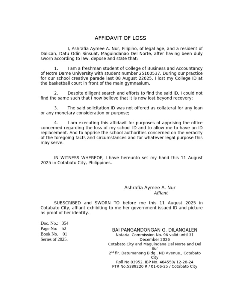 Affidavit of Loss - School Id | PDF