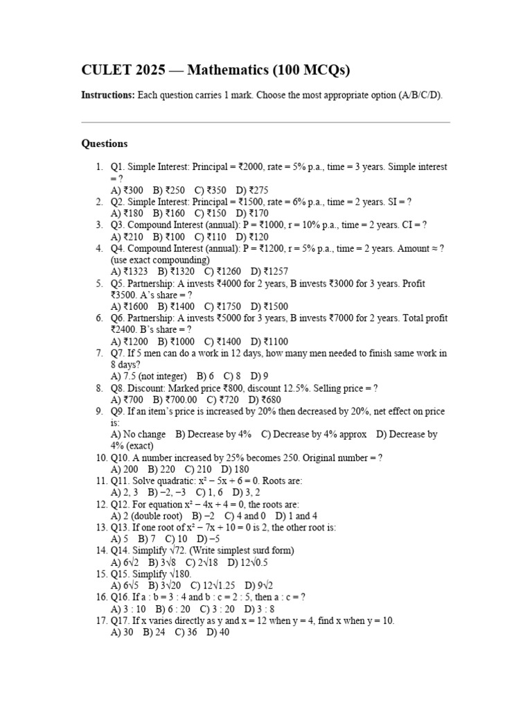 CH CULET 2025 Maths 100 MCQ 10oct2025 | PDF | Area | Circle