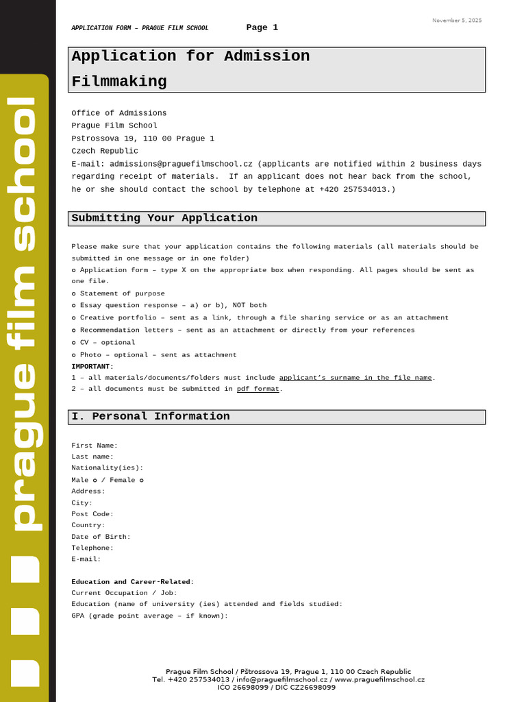 Filmmaking Application 2026 2028 | PDF
