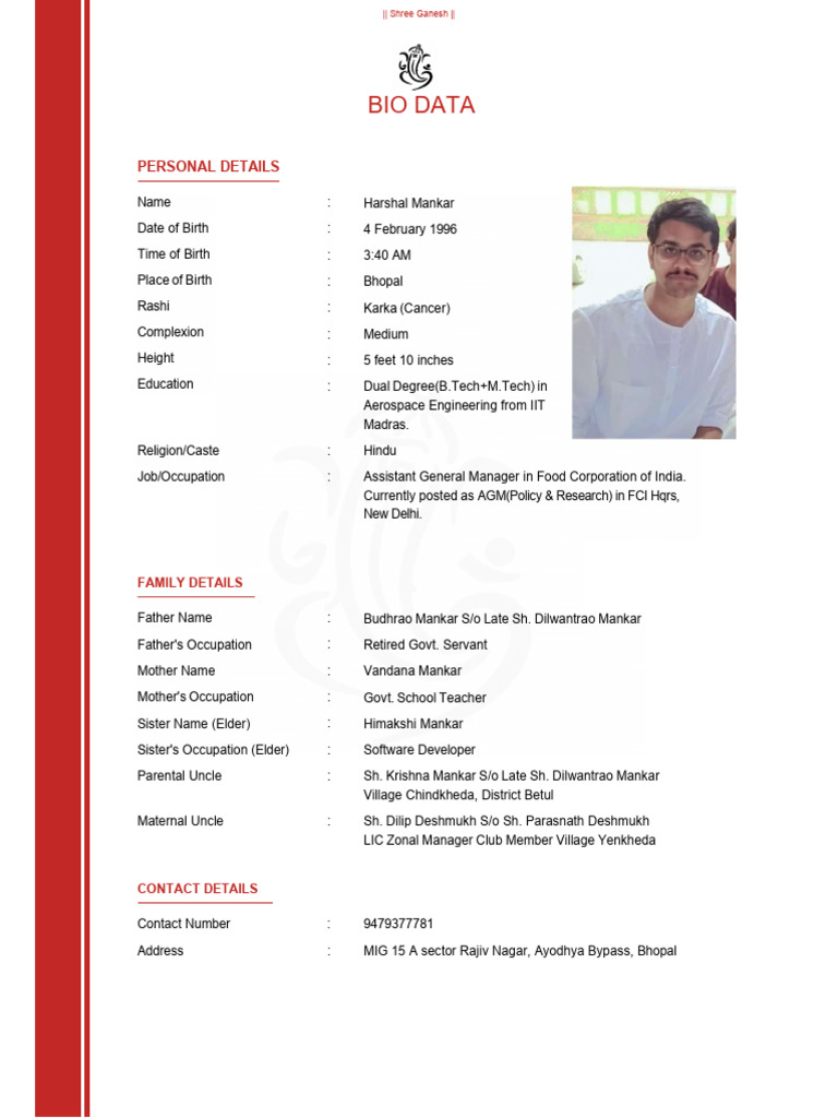 Harshal Mankar Biodata Final | PDF