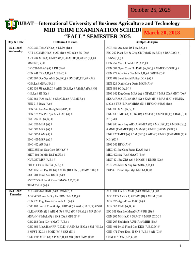 Fall 2025 Mid Term Examination Schedule | PDF