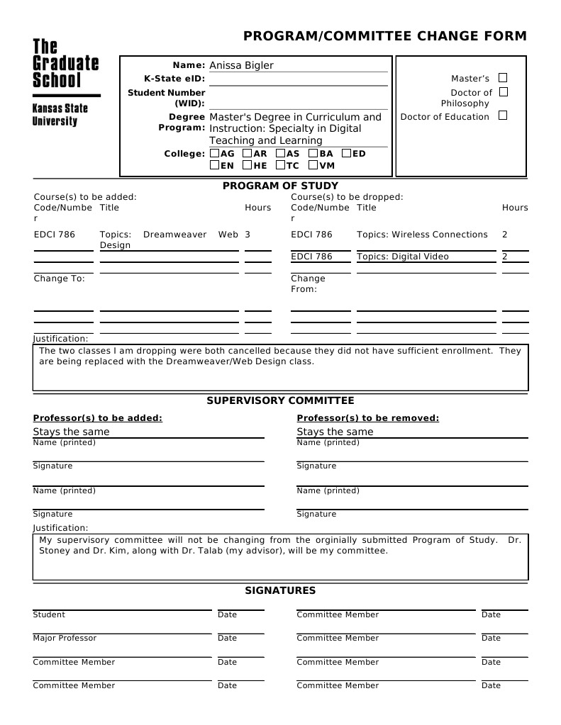 Program Change Form for Anissa Bigler | PDF