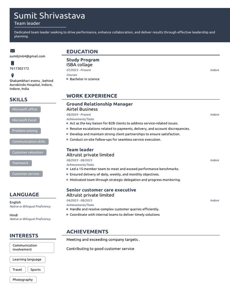 Sumit Shrivastava Resume | PDF | Business | Organizational Behavior