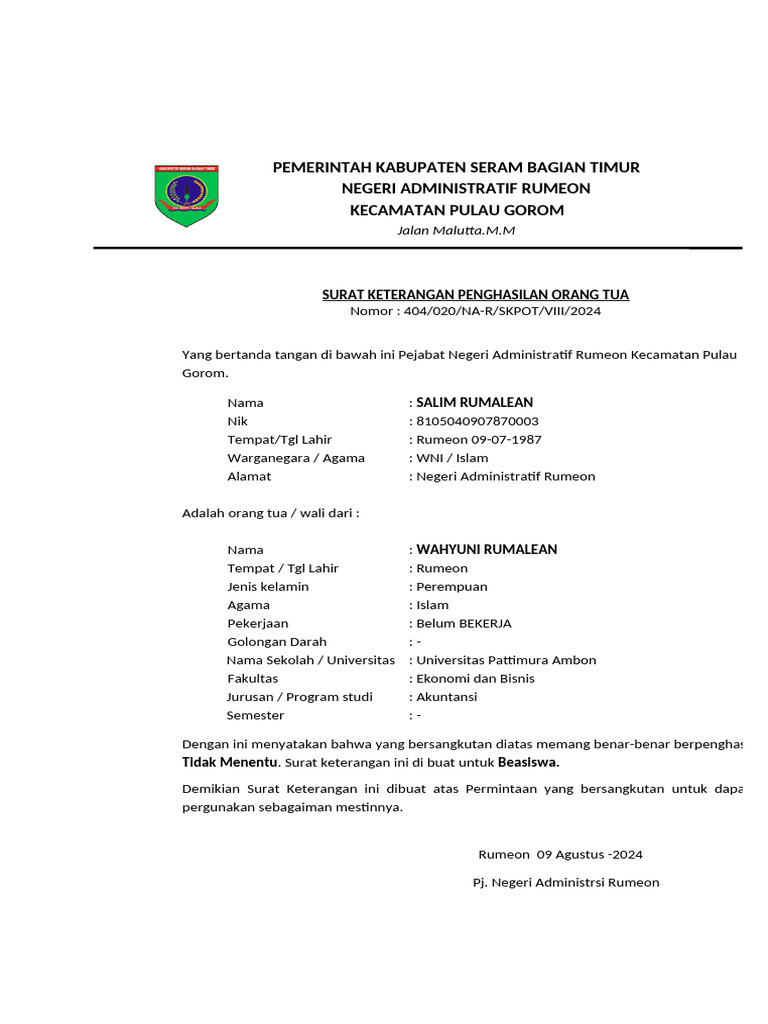 Surat Keterangan Penghsilan Ortu-Rumeon | PDF