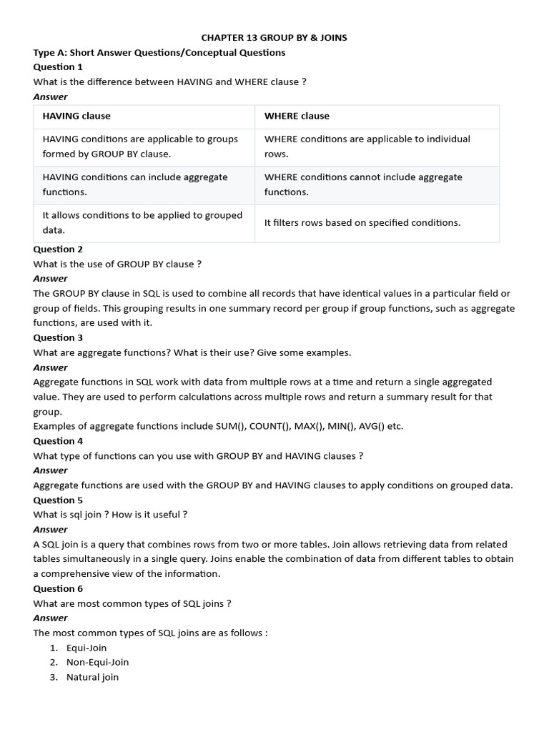 SQL GROUP BY and JOIN Concepts Explained | PDF | Table (Database ...
