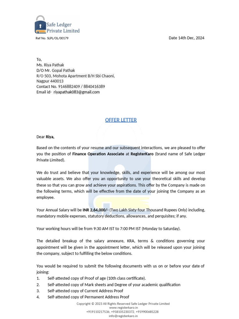 Offer Letter - Riya Pathak | PDF