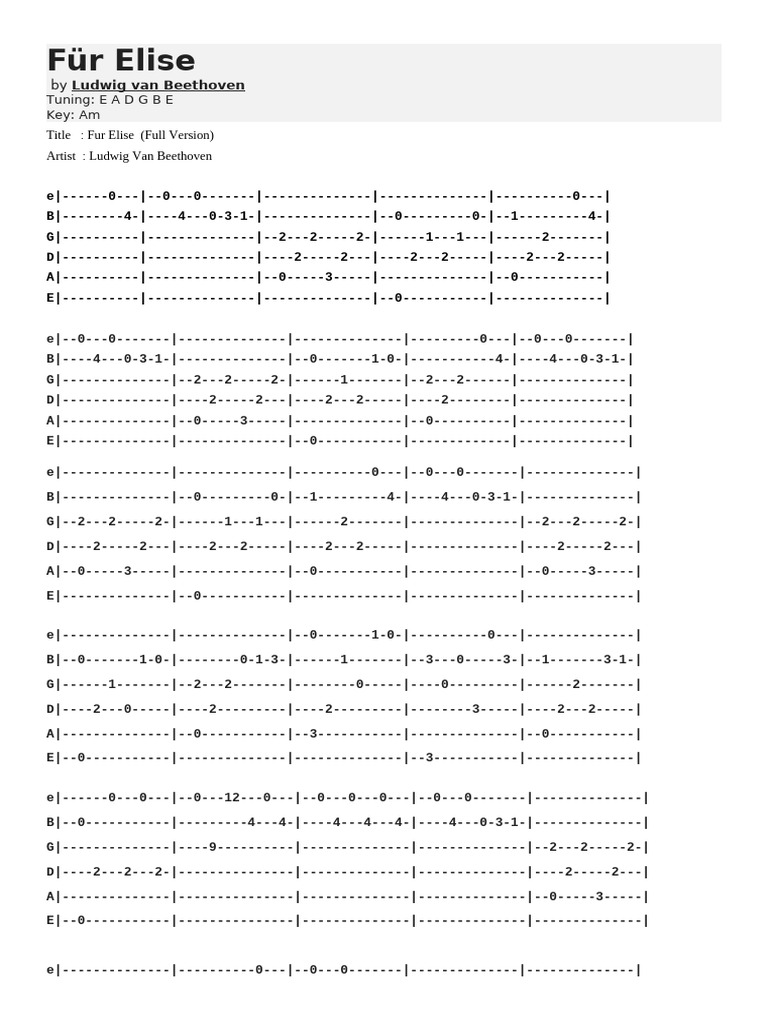 Für Elise Tab by Ludwig Van Beethoven | PDF | Für Elise | Compositions