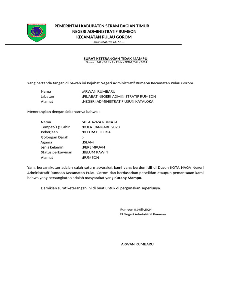 Surat Keterangan Tidak Mampu Rumeon | PDF