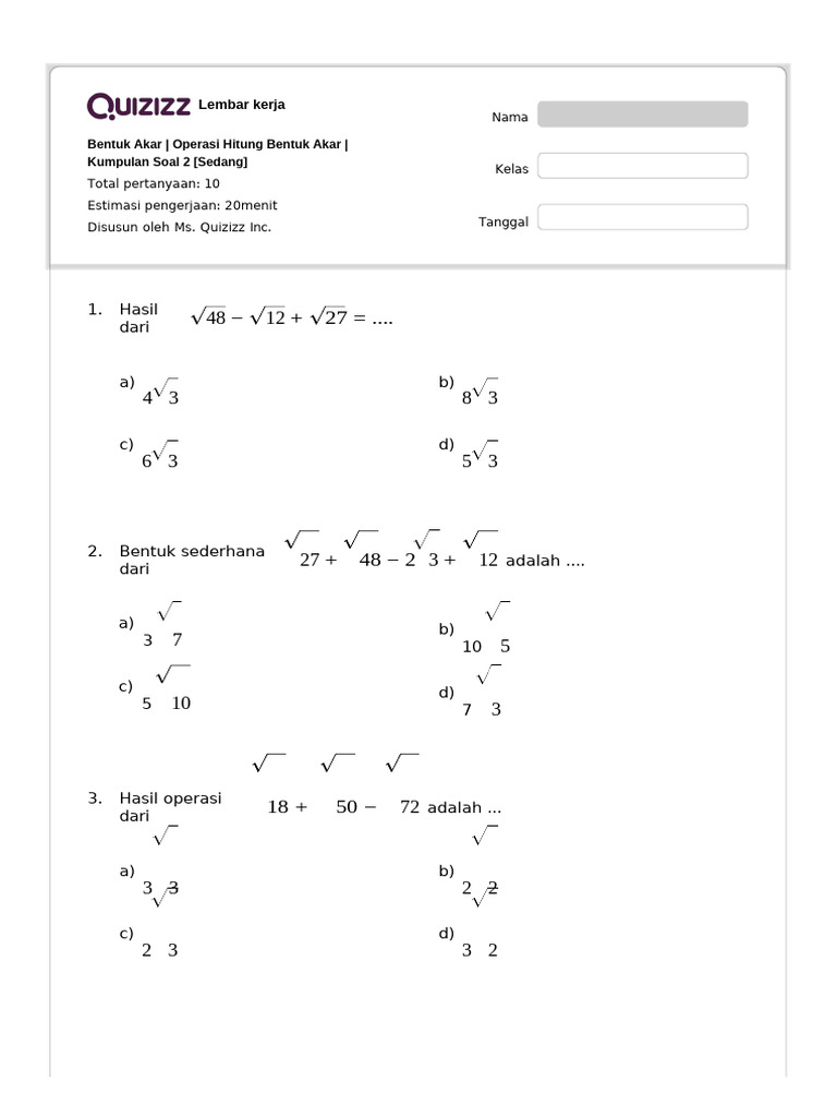 Soal Operasi Hitung Bentuk Akar | PDF