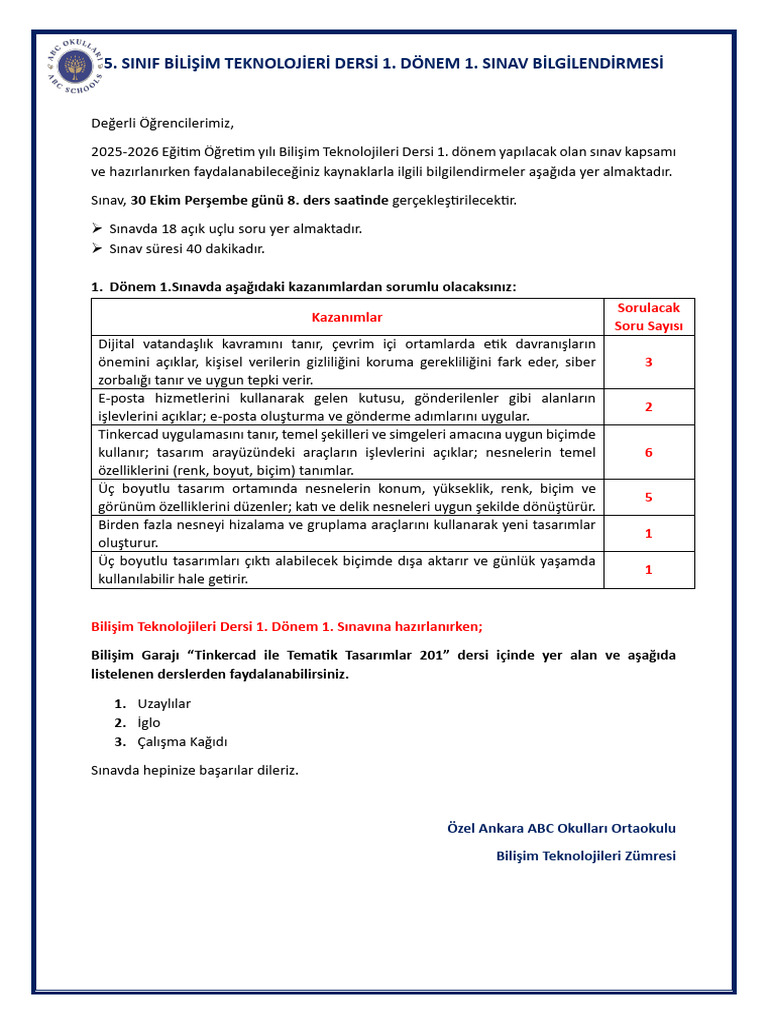 2025-2026 I.donem I.sinav 5.sinif Veli Bilgilendirme | PDF