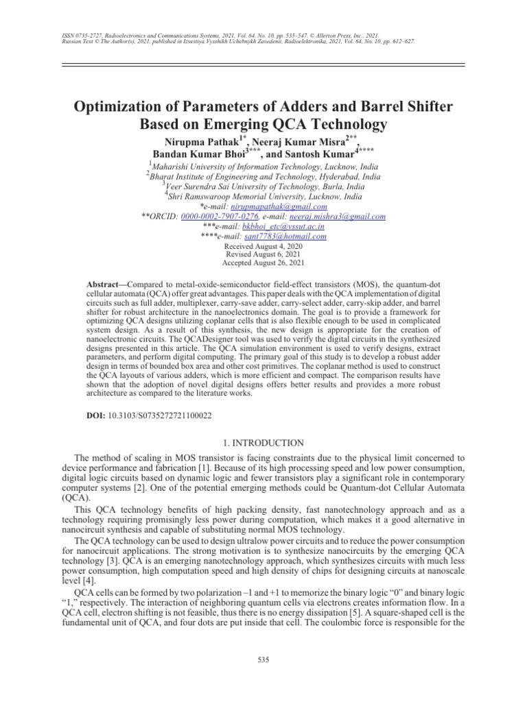 Optimization of Parameters of Adders and Barrel Shifter Based on Emerging QCA Technology | PDF ...