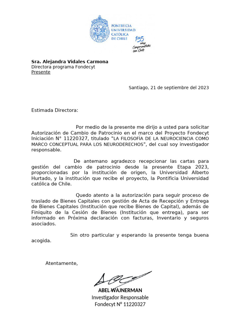 Solicitud de Cambio de Patrocinio Fondecyt | PDF