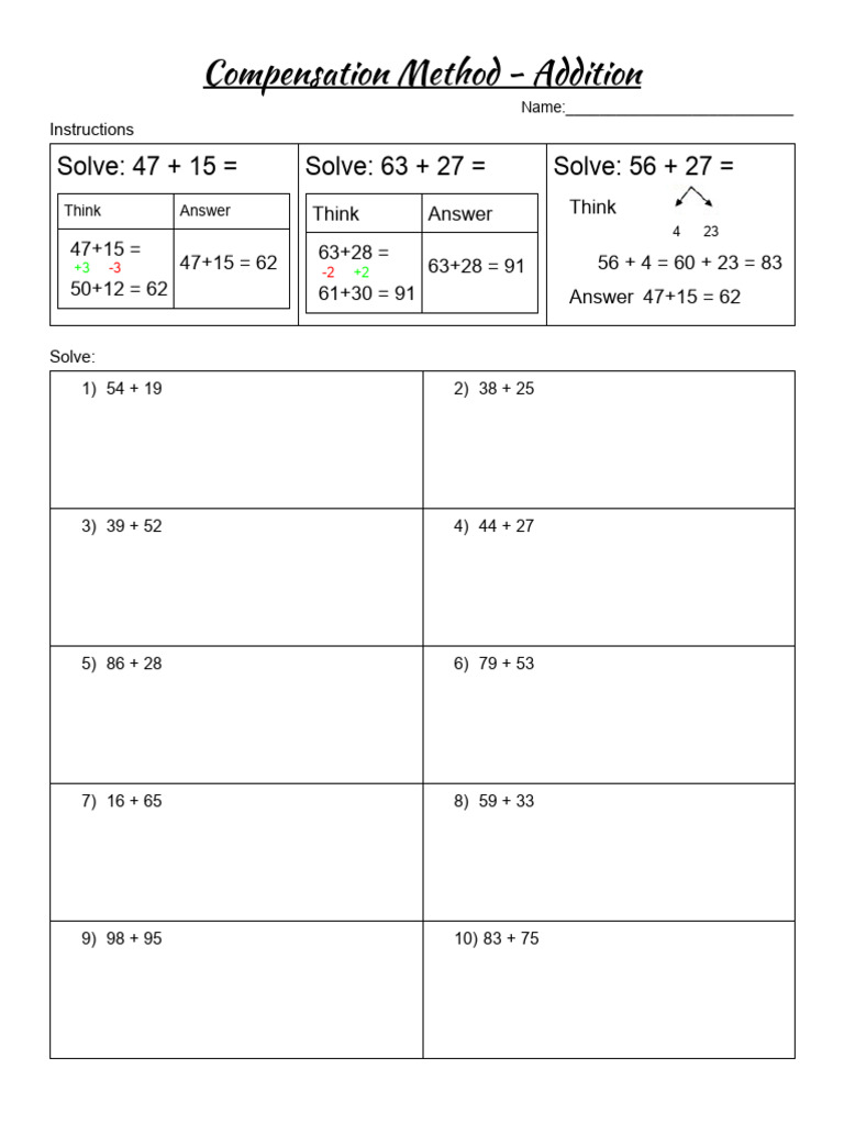 Compensation Method - Addition: Solve: 47 + 15 Solve: 63 + 27 Solve: 56 ...