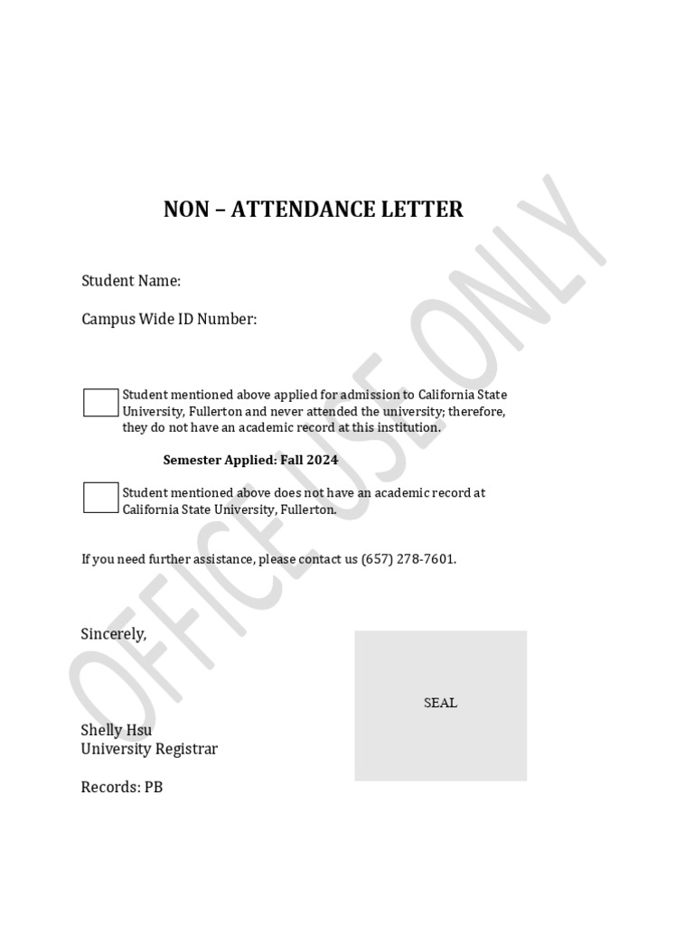 Non-Attendance Letter for CSU Fullerton | PDF