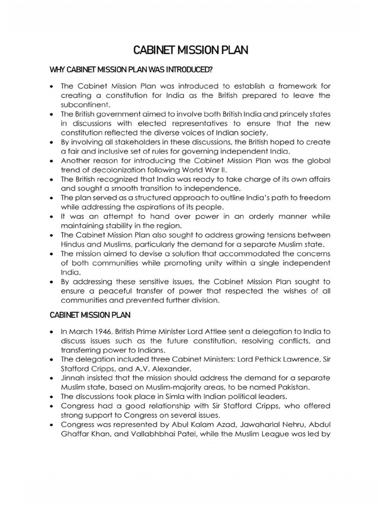 Cabinet Mission Plan Notes 2024-25 | PDF