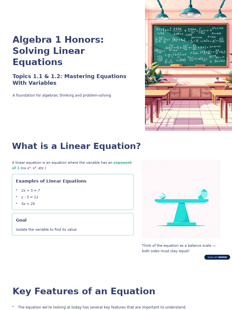 Algebra 1 Honors Solving Linear Equations | PDF | Equations ...